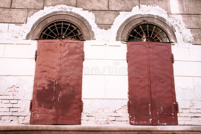 Two Old Windows with Orange Shutters Stock Image - Image of background ...