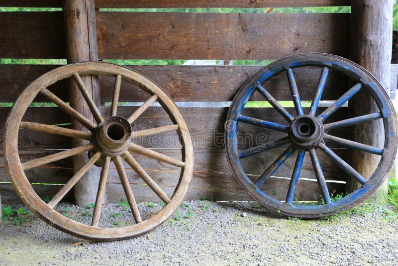 Two Old Wooden Wheels on Wall Background Stock Photo - Image of circle ...