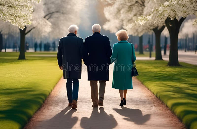 Two Older Men and One Older Woman are Walking in Park in Spring ...
