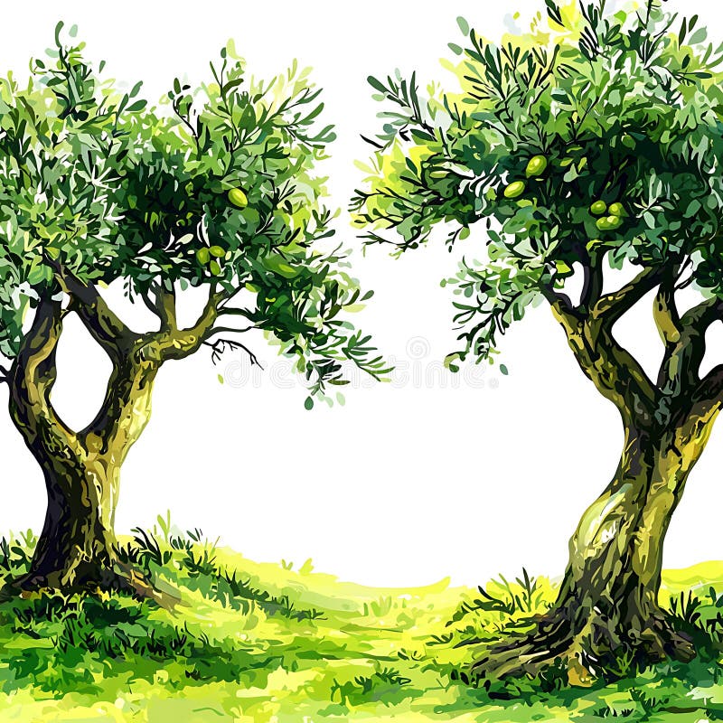 Two Olive Trees with Green Foliage and White Background Stock ...