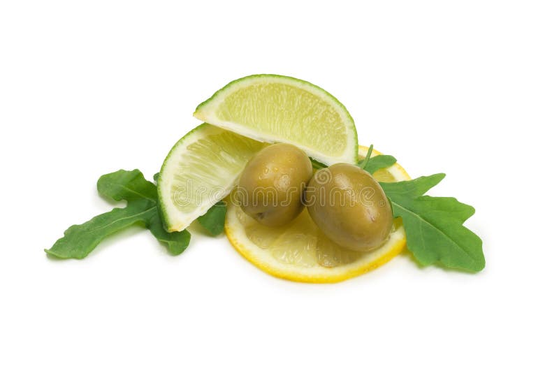 Two Olives and Piece of Lemon Isolated on White Stock Photo - Image of ...