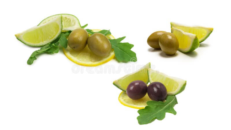 Two Olives and Piece of Lemon and Lime Isolated on White Stock Image ...