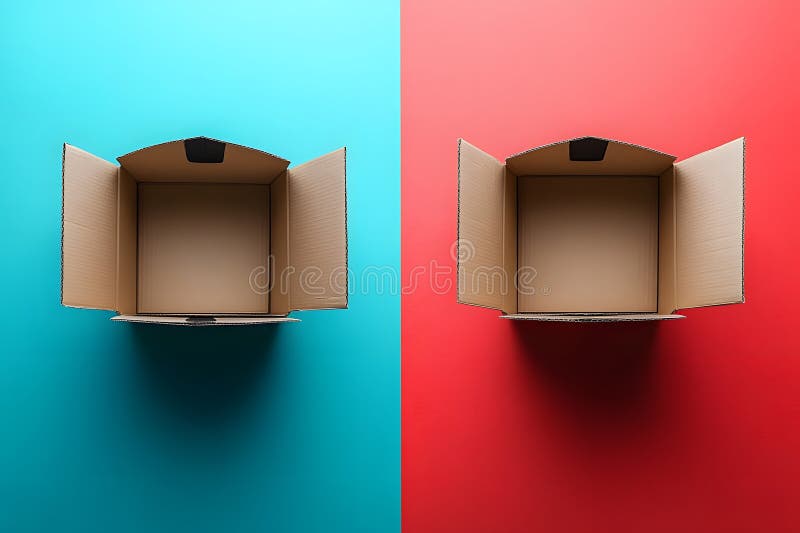 Minimalistic Open Cardboard Boxes on Bright Blue and Red Background for ...