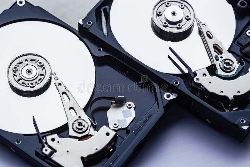 Two Open Computer Hard Drives for Repair. Data Safety Concept. Stock ...