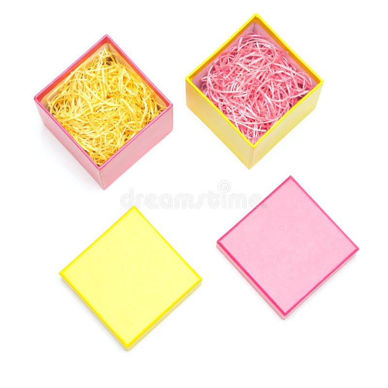 Two Open Gift Boxes with Decorative Shavings on White Stock Photo ...