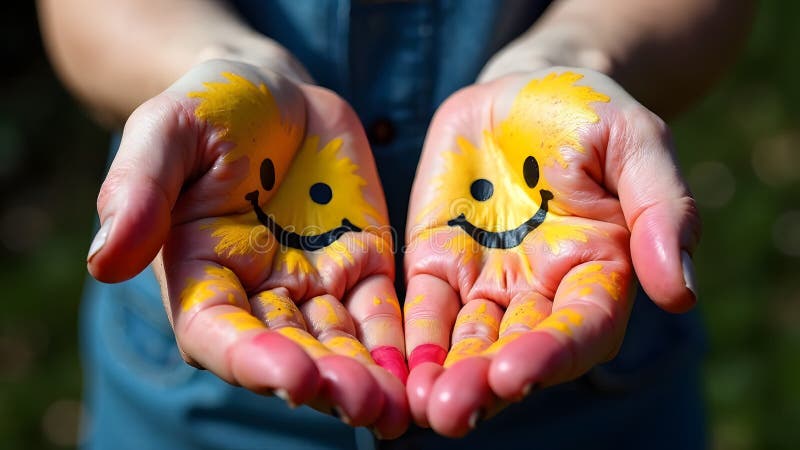 Two Open Hands with Painted Smiley Faces and Colorful Splashes, Held ...