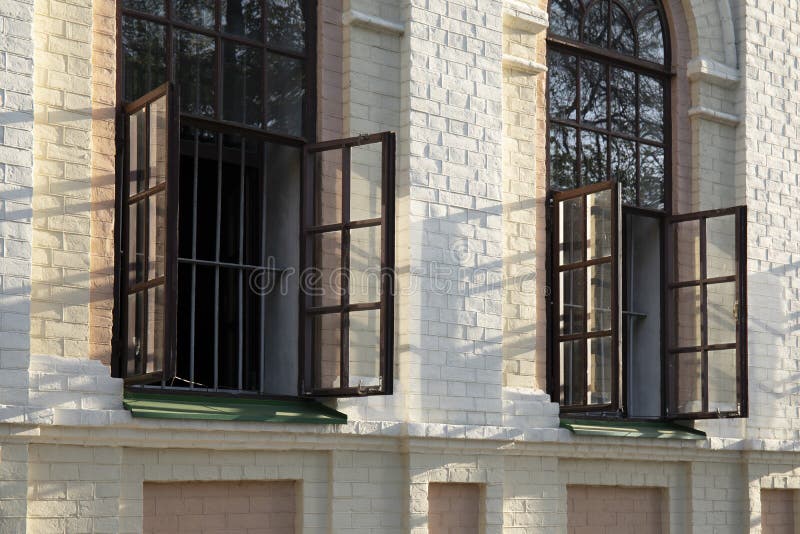 Two Open Windows of Antique Building Stock Image - Image of wall ...