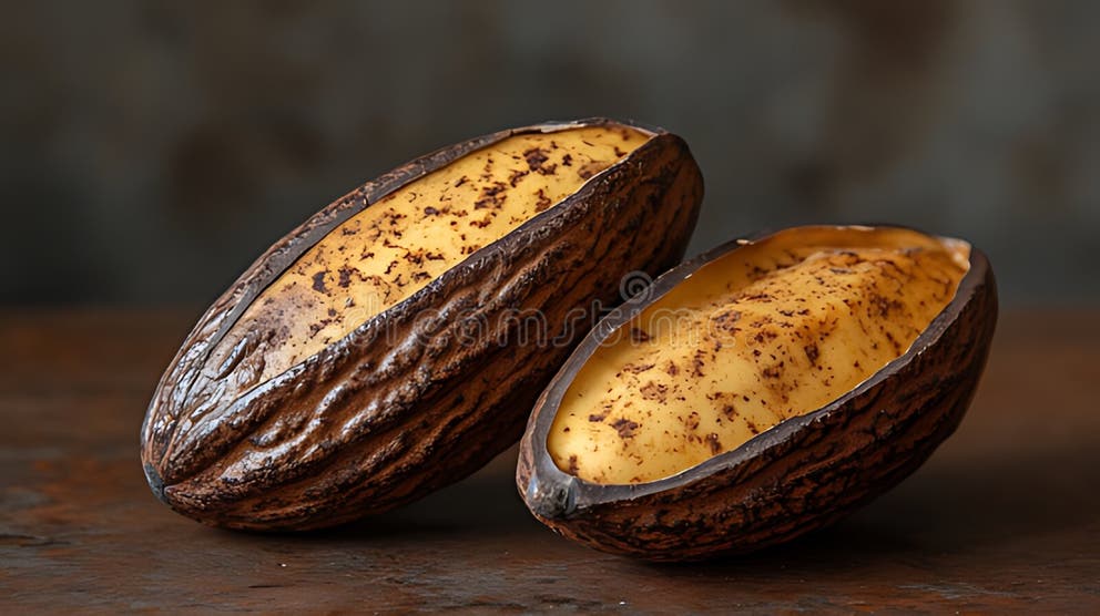 Two Opened Cocoa Pods with Yellow Pulp, Resting on a Rustic Surface ...
