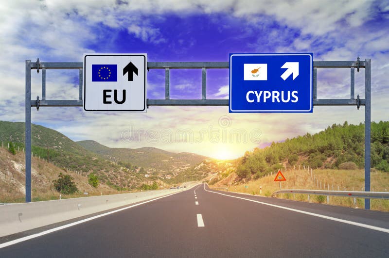 Two Options EU and Cyprus on Road Signs on Highway Stock Image - Image ...