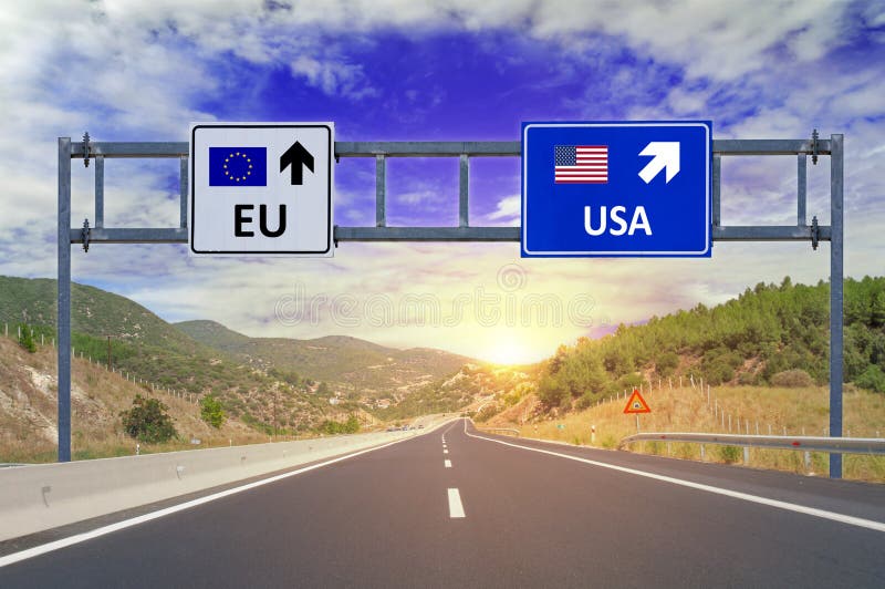 Two Options EU and USA on Road Signs on Highway Stock Photo - Image of ...