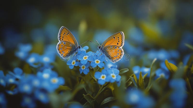 Two Orange Butterflies on Blue Forget Me Nots Stock Illustration ...