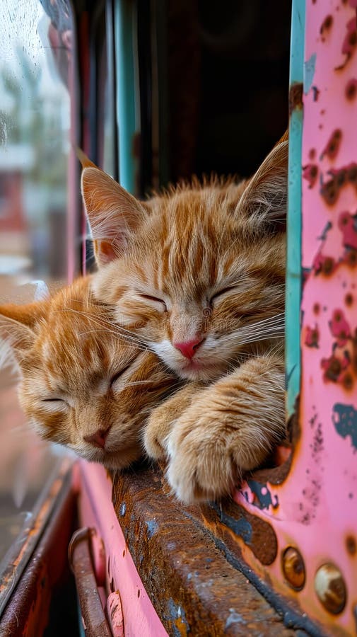Two Orange Cats Sleeping in a Window Stock Photo - Image of domestic ...