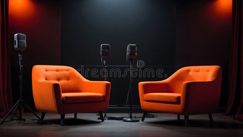 Two Orange Chairs with Microphones Set Up for an Interview in a Cozy ...