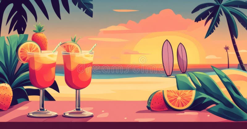 Two Orange Cocktails at Sunset Tropical Beach Scene Stock Illustration ...