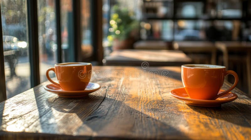 Two Orange Coffee Cups on Wooden Table in Sunlight Stock Illustration ...