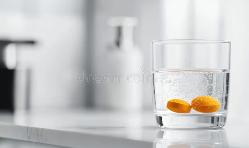 Two Vibrant Orange Effervescent Tablets are Dissolving in a Glass of ...