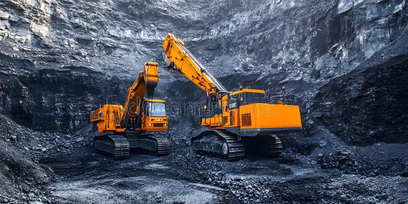 Two Orange Excavators in Rocky Mine Environment Stock Illustration ...