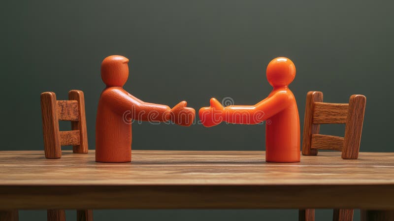 Two Orange Figurines Shaking Hands Over a Wooden Table Stock ...
