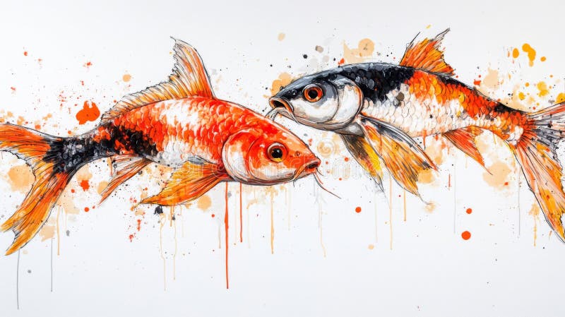 Two Orange Fish Watercolor Painting with Splashes Stock Illustration ...