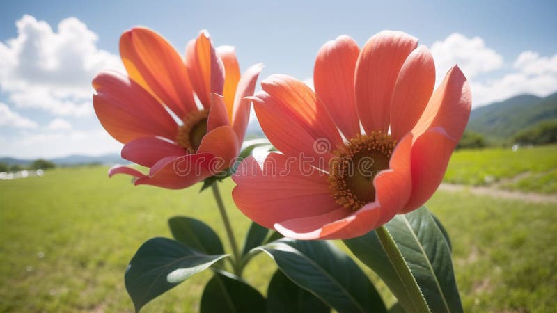 Two Orange Flowers in a Field with a Sky Background. Stock Image ...