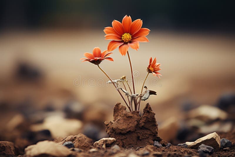 Two Orange Flowers Growing Out of a Hole in the Ground Stock ...