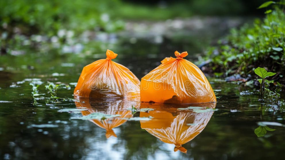 Two Orange Plastic Bags Floating in a Stream Stock Photo - Image of ...