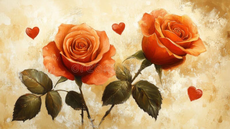 Two Orange Roses and Hearts on a Beige Background Stock Illustration ...