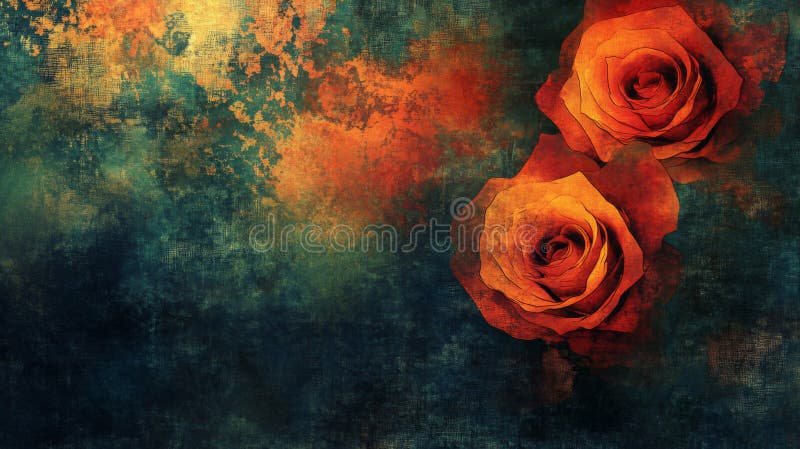 Two Orange Roses on a Rustic, Green, and Orange Background Stock ...