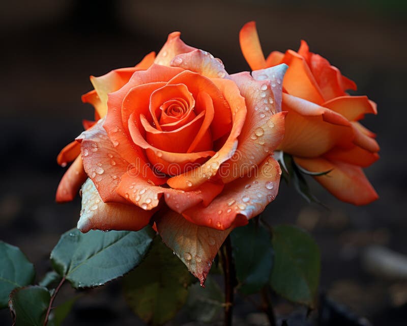 Two Orange Roses with Water Droplets on Them Stock Illustration ...