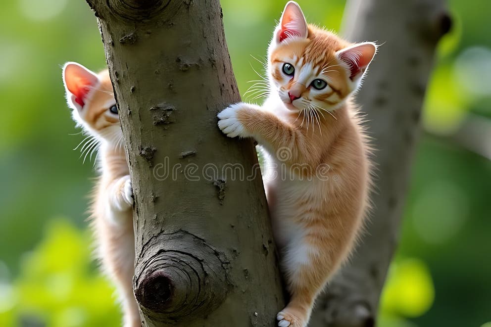 Two Orange Tabby Kittens Climbing a Tree Stock Illustration ...