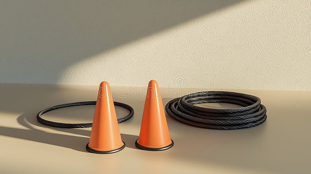 Two Orange Traffic Cones and Coil of Black Rope on Surface Stock ...