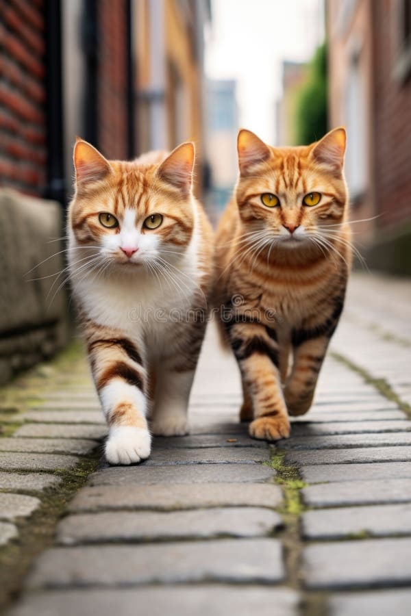 Two Orange and White Cats Walking Down a Street Stock Image - Image of ...