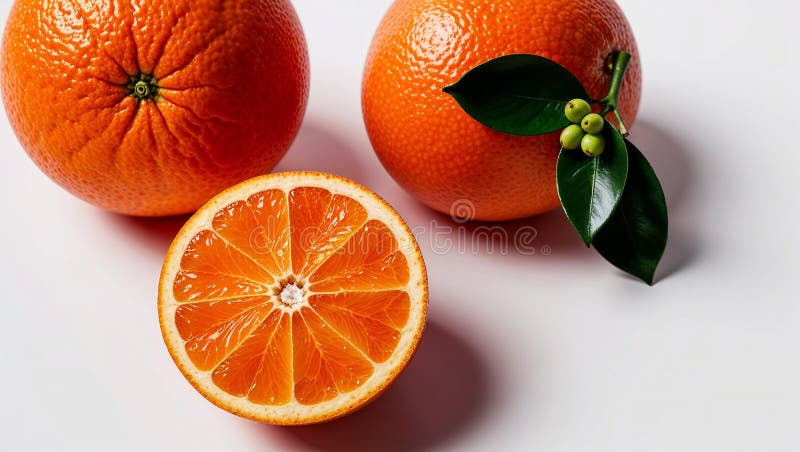 Two Oranges and Half an Orange with Lush Leaves in View Stock ...