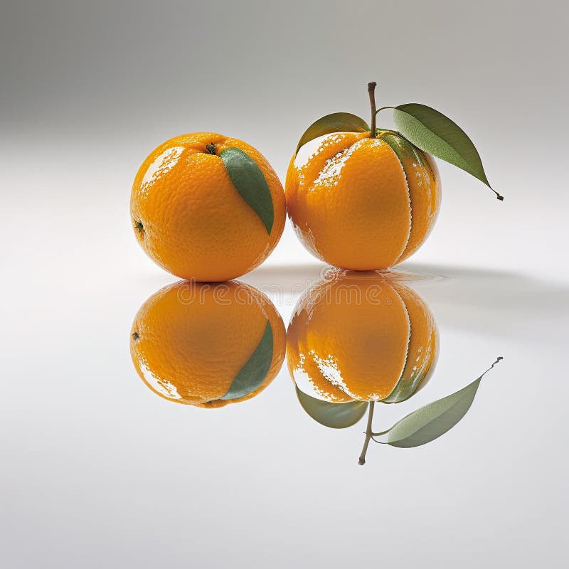 Two Oranges Reflected on a Shiny White Surface, Generative Ai Stock ...