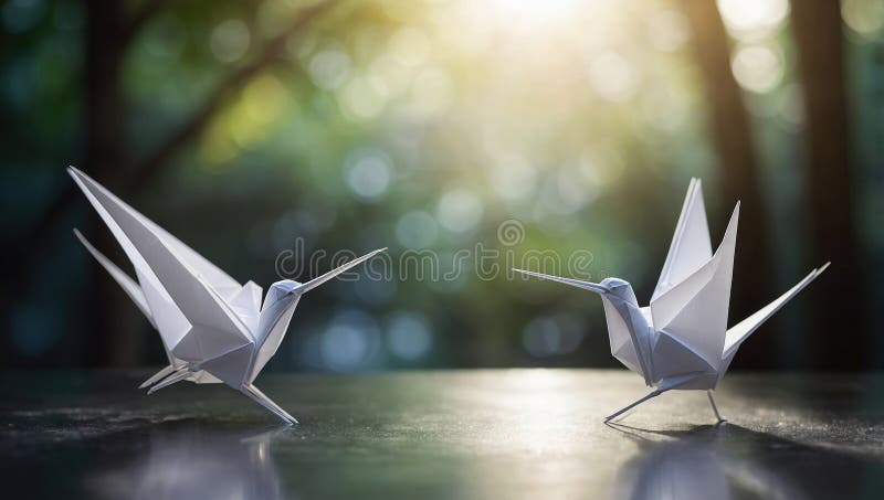 Two Origami Cranes on Reflective Surface in Soft Natural Light Stock ...