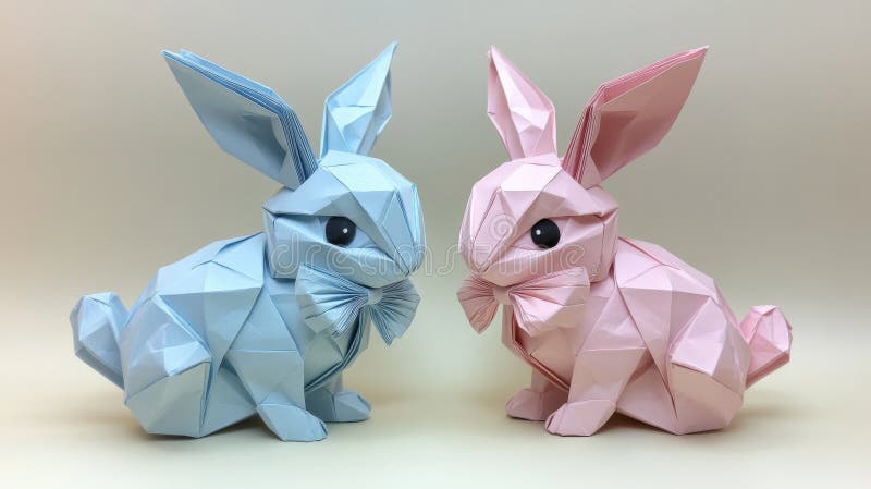 Two Origami Rabbits: Blue and Pink Paper Sculptures Stock Illustration ...