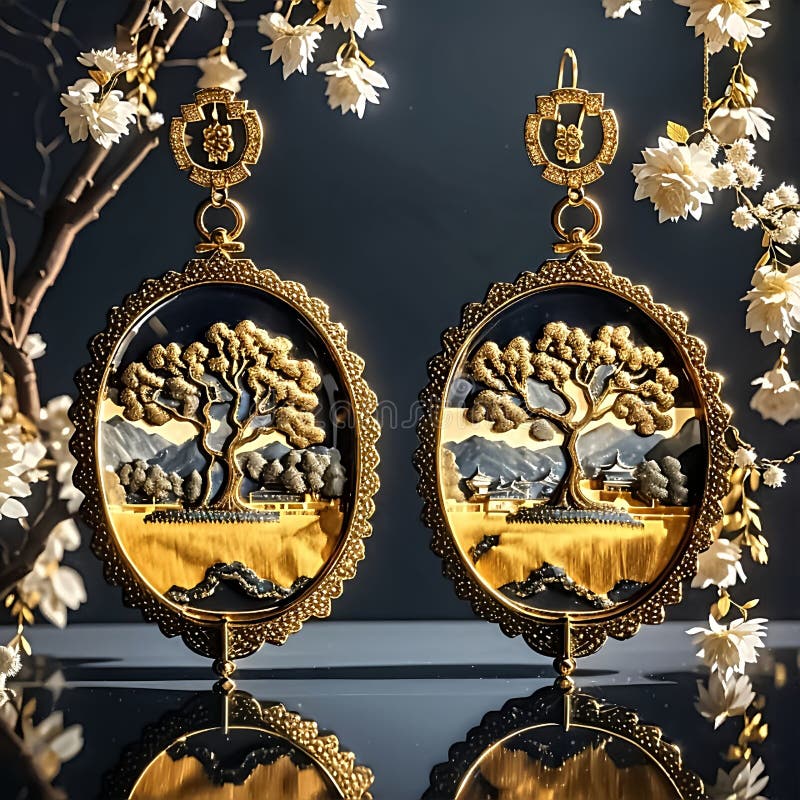 Two Ornate Frames with Carved Golden Tree Patterns Adorned with Flowers ...