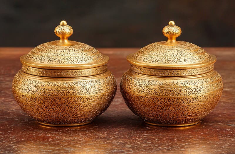 Two Ornate Gold Containers with Lids on a Rustic Table Stock ...