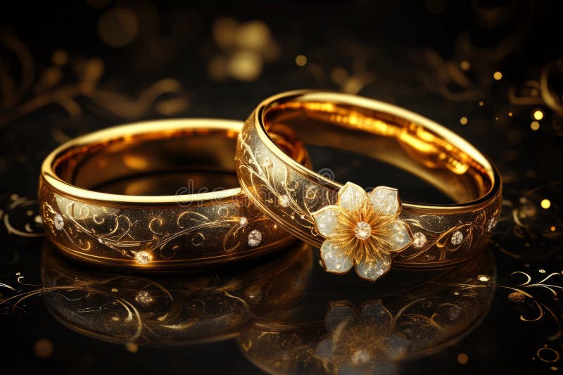 Two Ornate Gold Wedding Rings Resting on Reflective Black Surface Stock ...