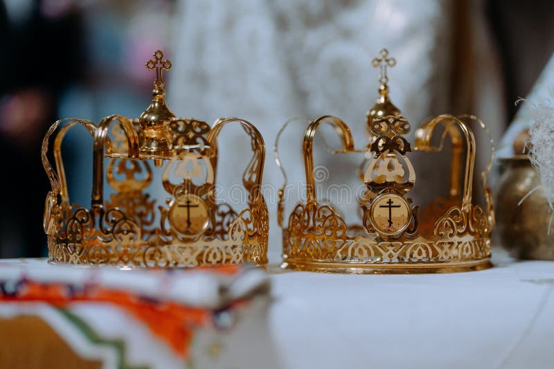 Elegant Golden Crowns on a Ceremonial Table for a Wedding Stock Photo ...