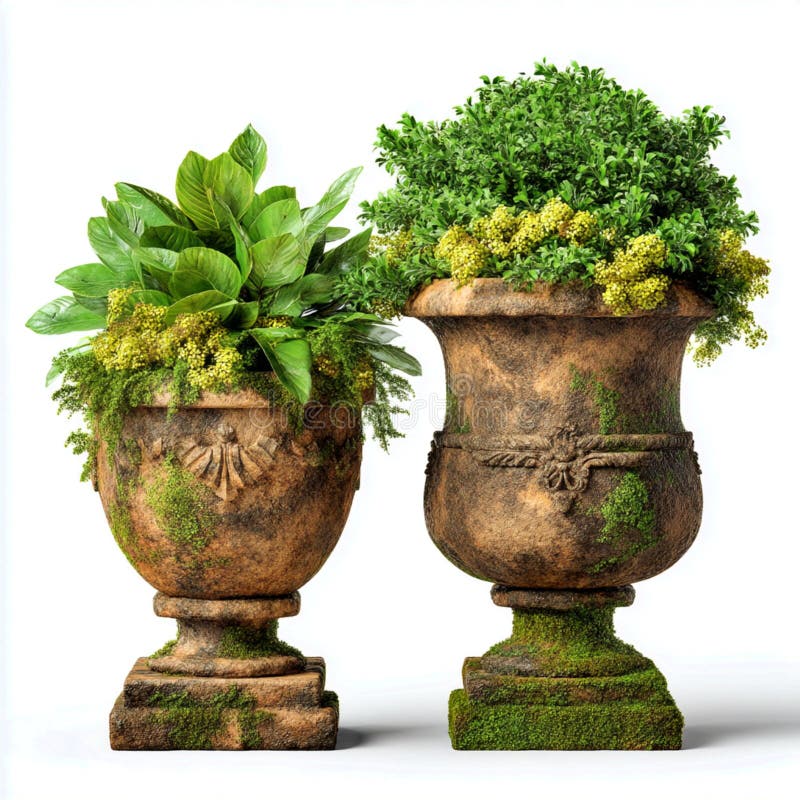 Two Ornate Planters with Greenery on a Plain Backdrop View Stock ...
