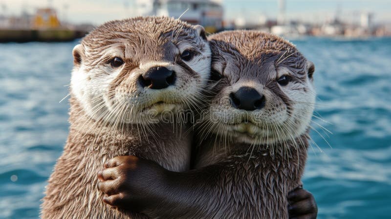 Two Otters Hugging Each Other in Front of the Ocean, AI Stock Image - Image of blue, wild: 337205439
