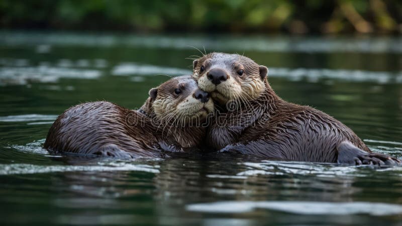 Two Otters Playfully Interacting in a Serene Water Setting Stock ...