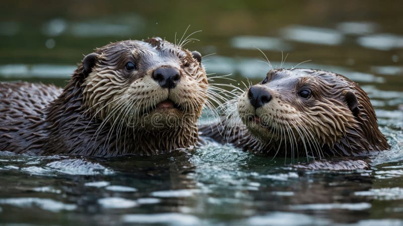 Two Otters Playfully Interacting in a Serene Water Setting Stock ...