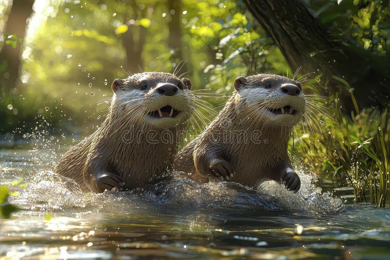 Two Otters Playing in a Stream Stock Illustration - Illustration of ...