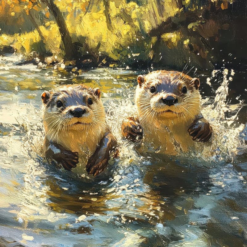 Two Otters Playing in a Stream Stock Illustration - Illustration of ...
