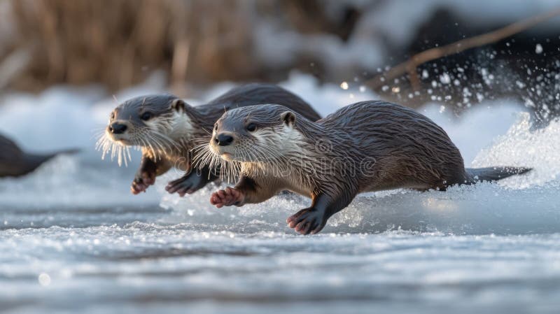 Two Otters Running on Ice with Water Spraying Stock Illustration ...