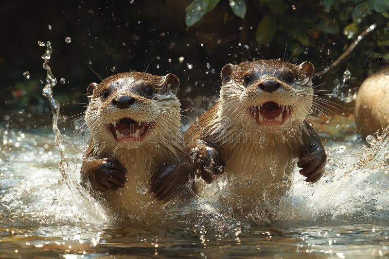 Two Otters Splashing in Water Stock Illustration - Illustration of ...