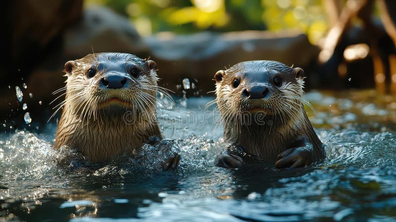 Two Otters Swimming in Water Stock Illustration - Illustration of ...
