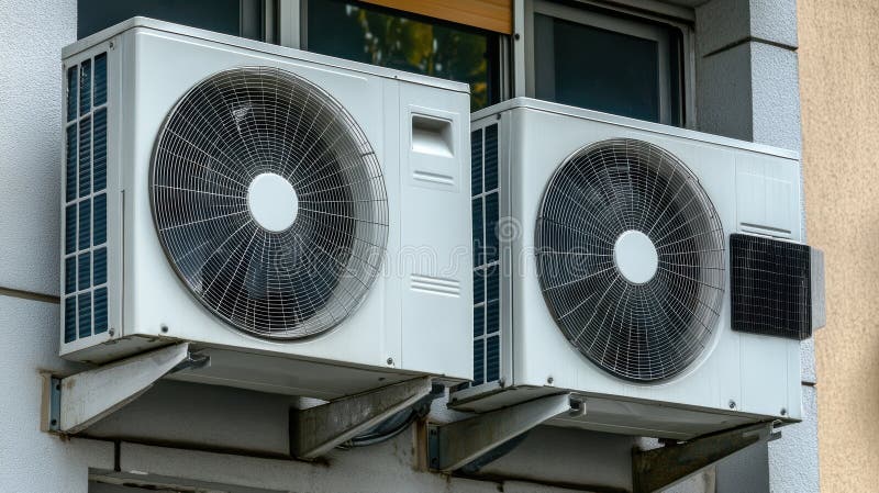 Two Outdoor Air Conditioning Units Mounted on a Building Wall Stock ...